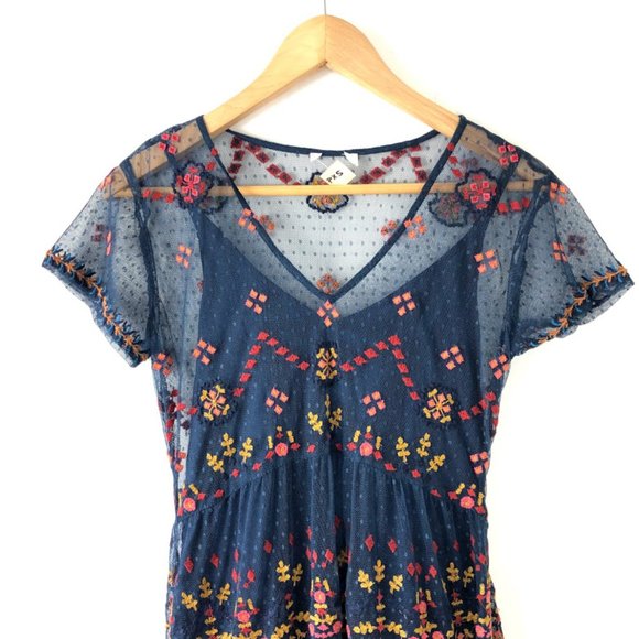 Sundance | Dresses | Sundance Embroidered Flower Midi Boho Navy Dress ...